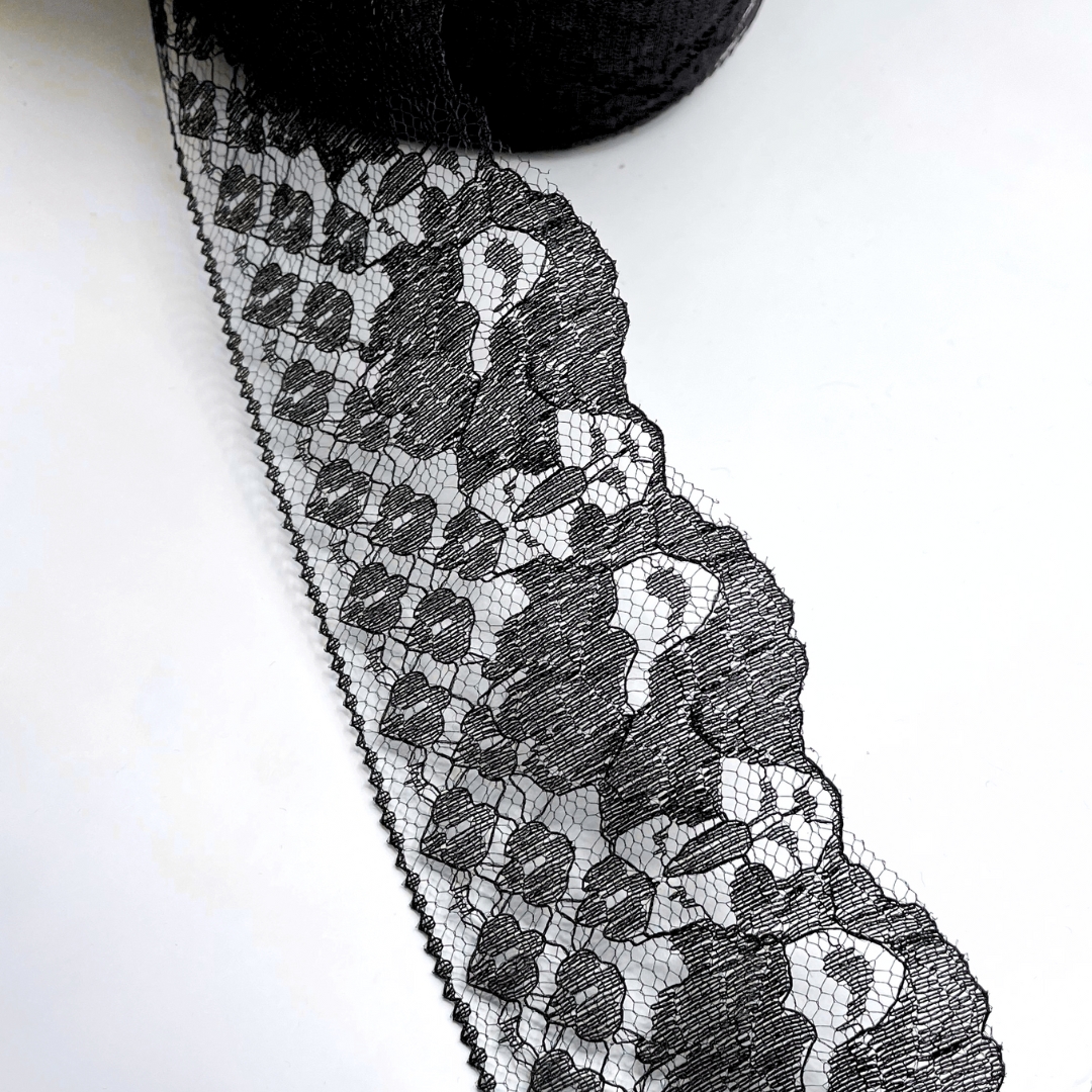Floral Polyester Flat Lace Net Trimming Claire Black