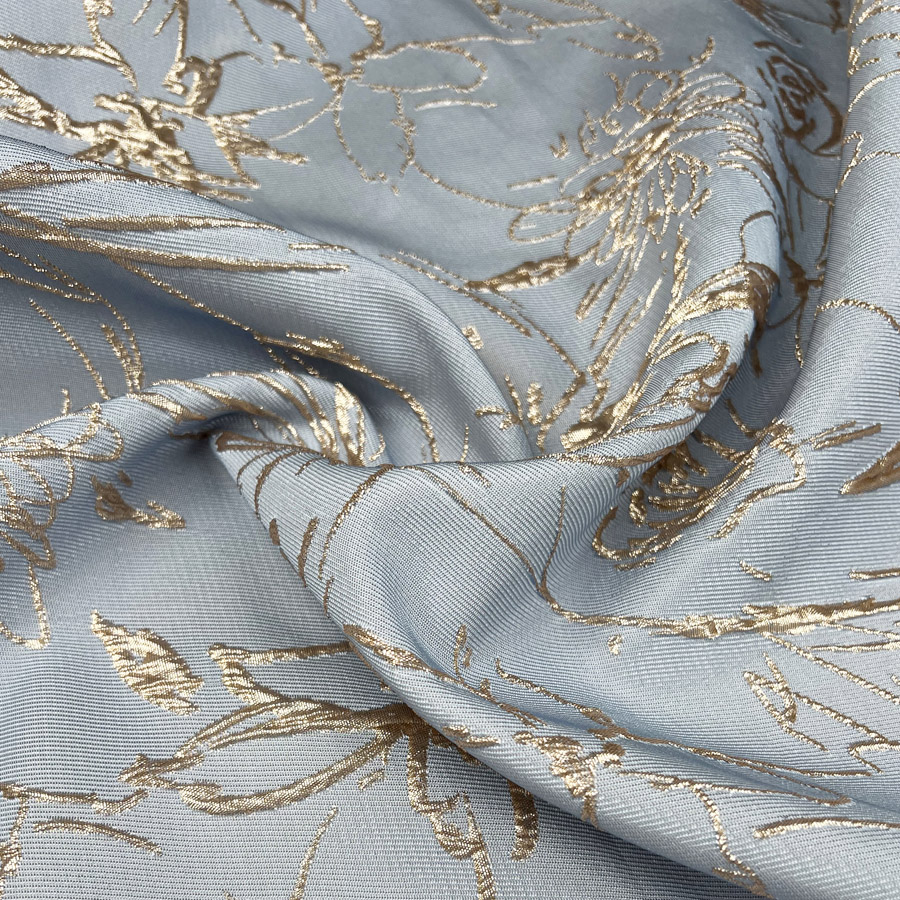 Polyester Metallic Gold Floral Brocade Fabric Chloe Pale Blue